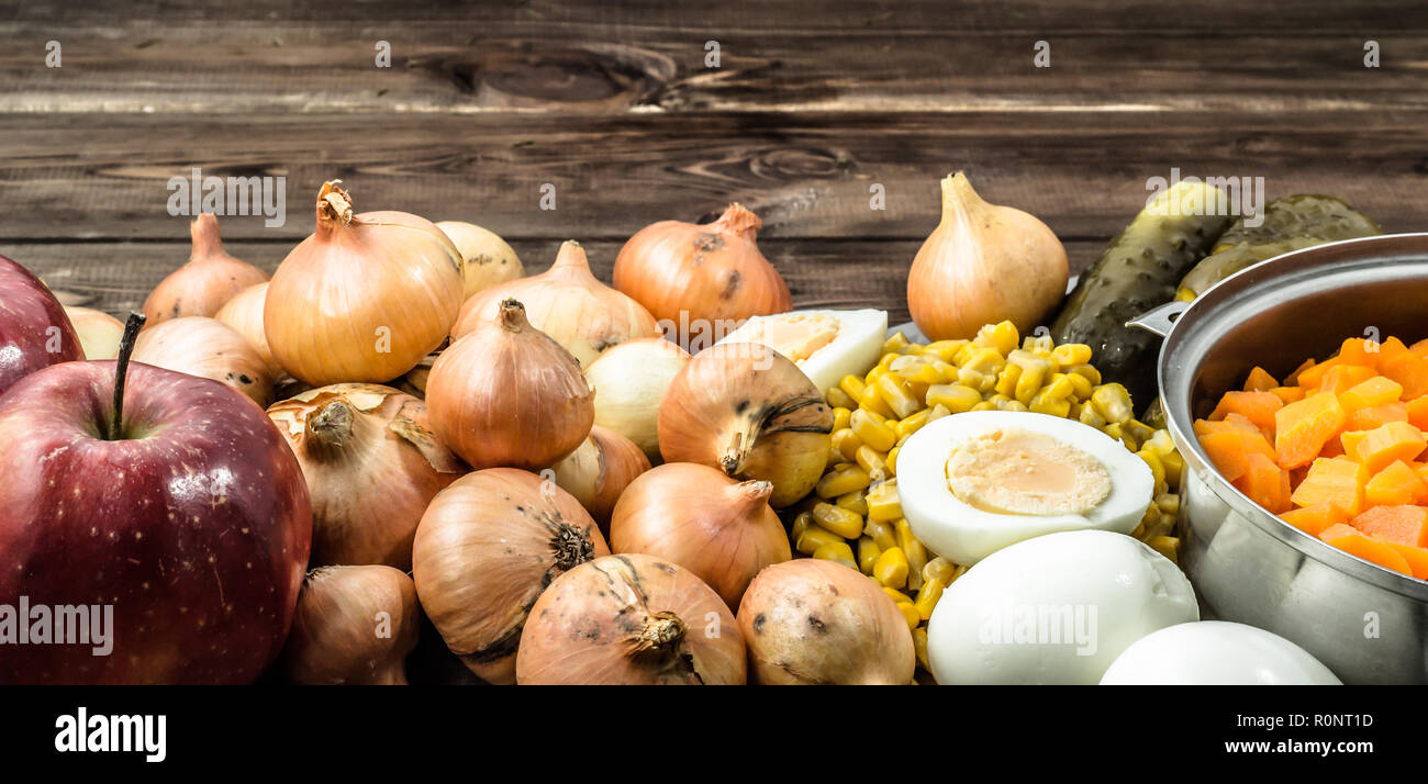 Ingredients of vegetable salad, cooking recipe, traditional polish ...