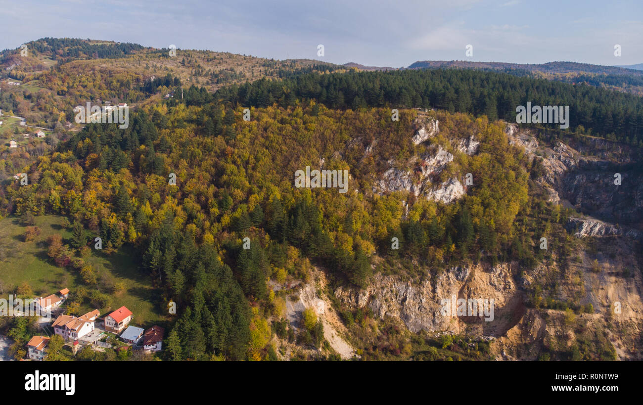 Aerial view of an alpine forest and houses, Trebevic, Sarajevo, Bosnia ...