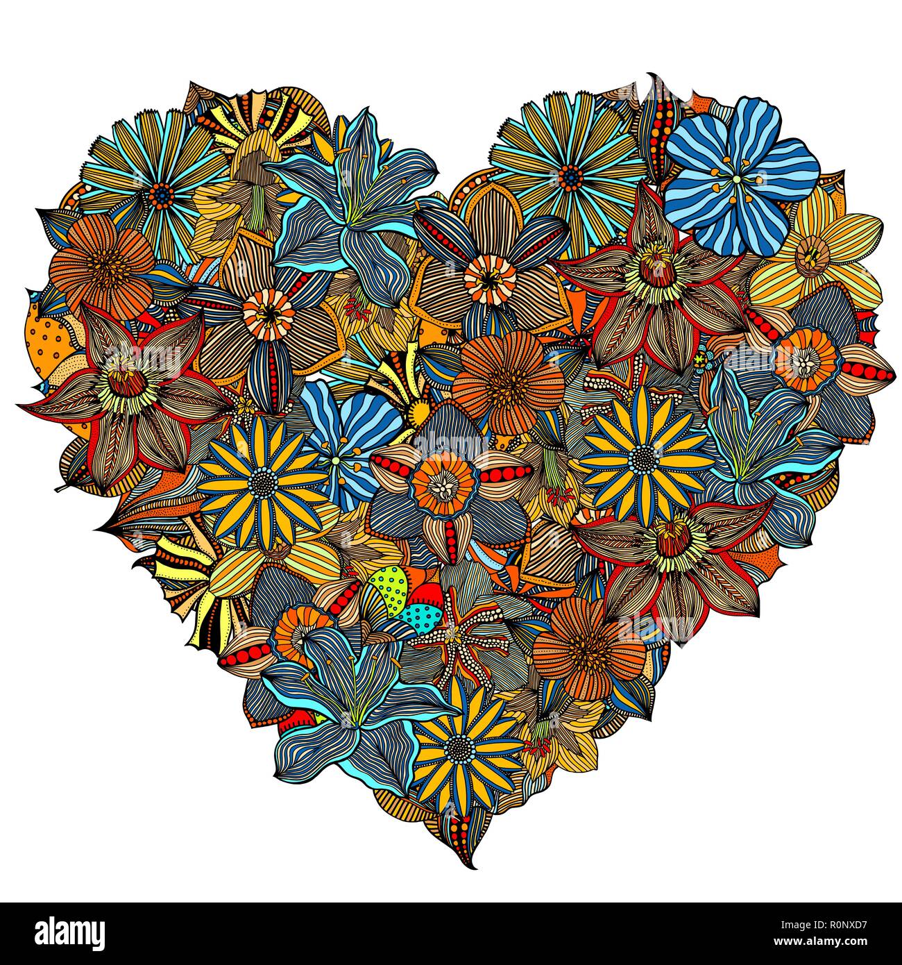 Hand drawn Heart of flower doodle background. Vector illustration Stock ...