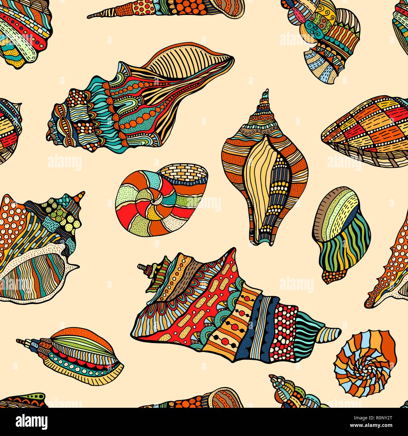 Zentangle stylized sea cockleshell seamless pattern. Hand Drawn aquatic ...