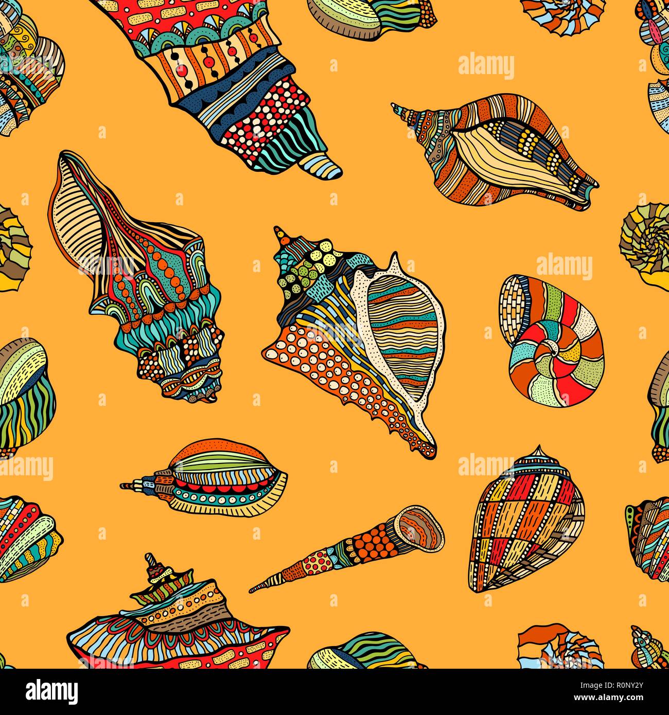 Zentangle stylized sea cockleshell seamless pattern. Hand Drawn aquatic doodle vector ...