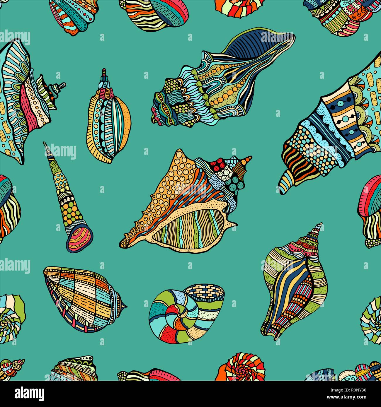 Zentangle stylized sea cockleshell seamless pattern. Hand Drawn aquatic ...