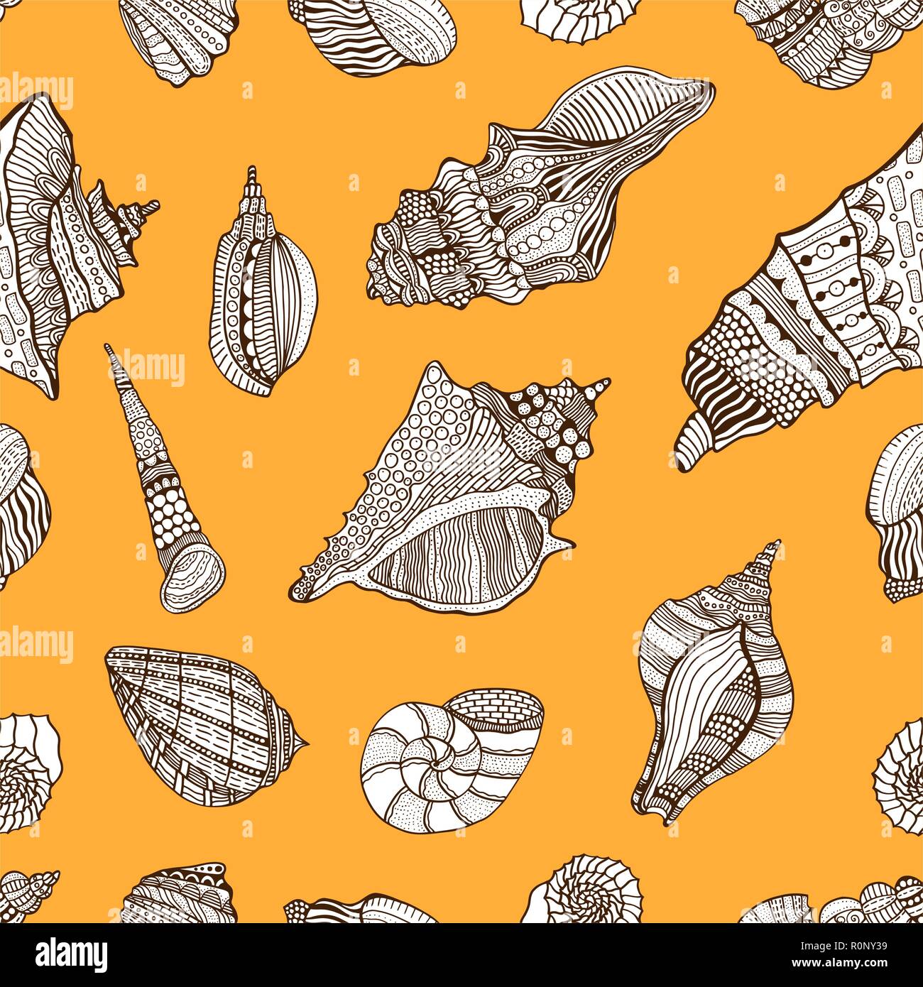 Zentangle stylized sea cockleshell seamless pattern. Hand Drawn aquatic ...