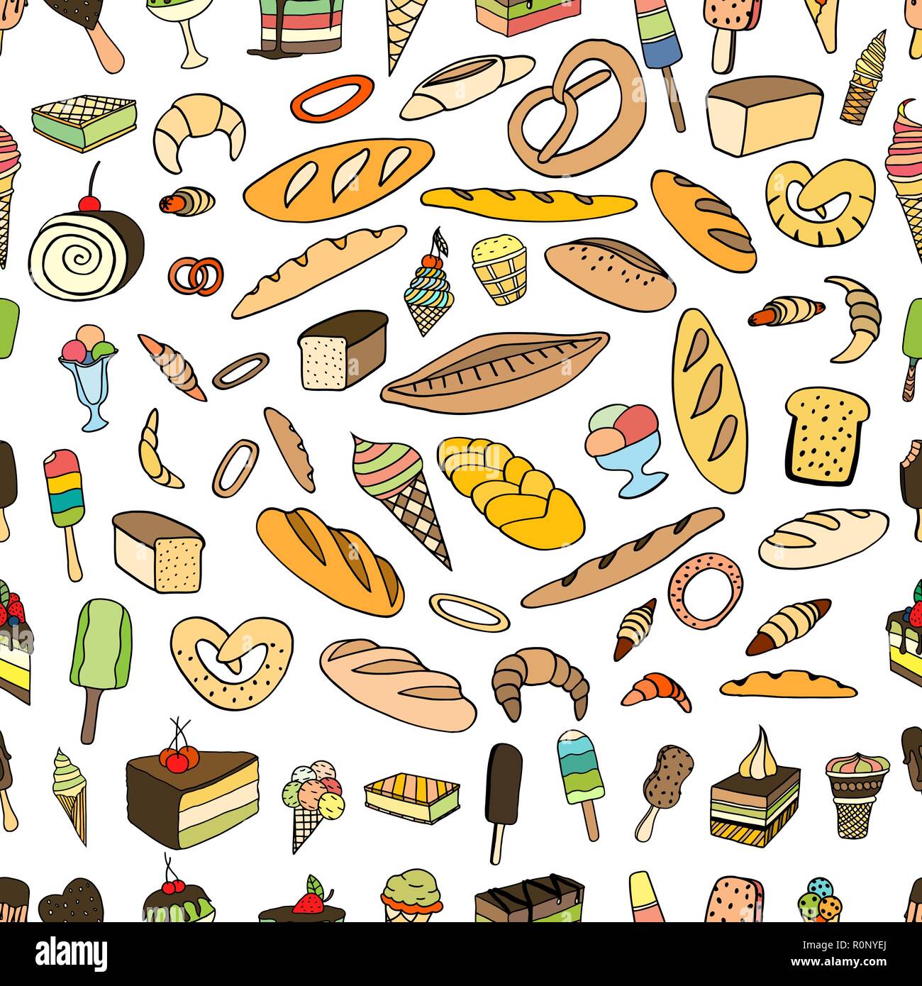 Seamless pattern of ice-cream, Bread and cake. Vector doodle elements ...