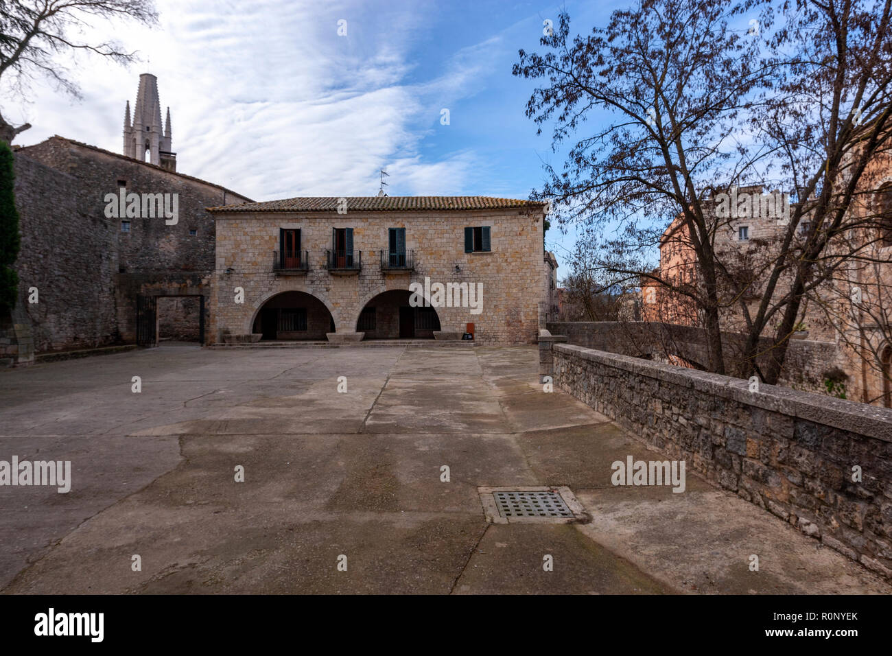 Small square in the medieval city of Girona, Catalonia, Spain Stock ...