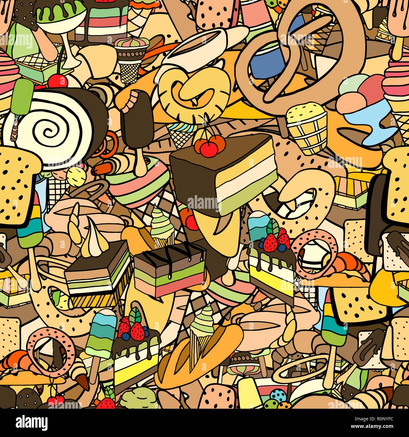 Seamless pattern of ice-cream, Bread and cake. Vector doodle elements ...