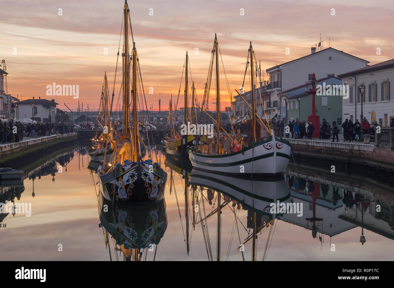 Christmas nativity scene on the boats of the port of Cesenatico, at ...