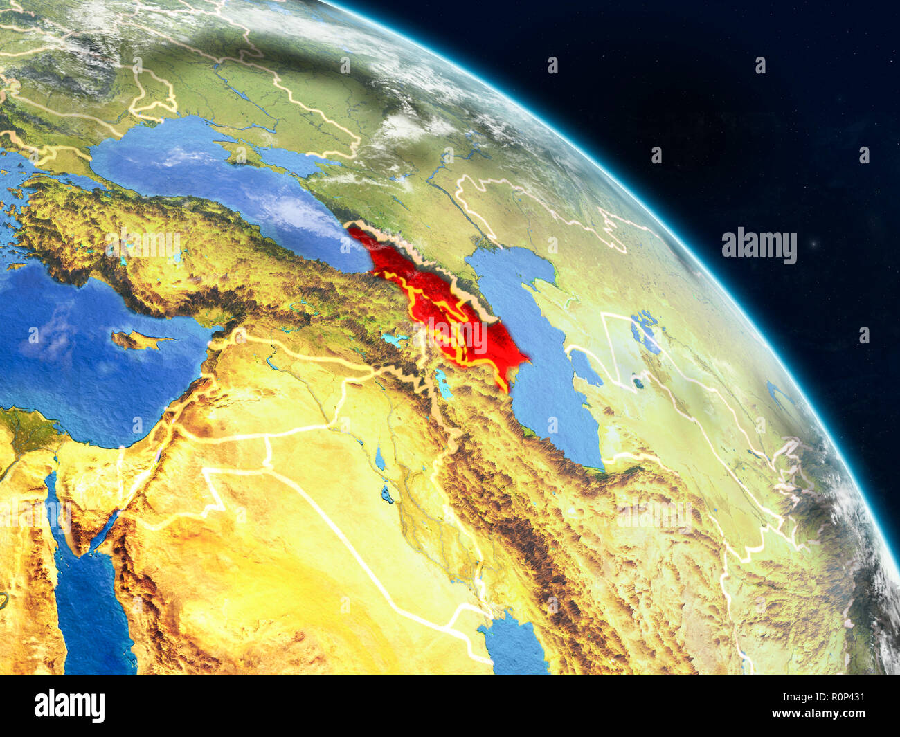 Caucasus region from space on realistic model of planet Earth with ...