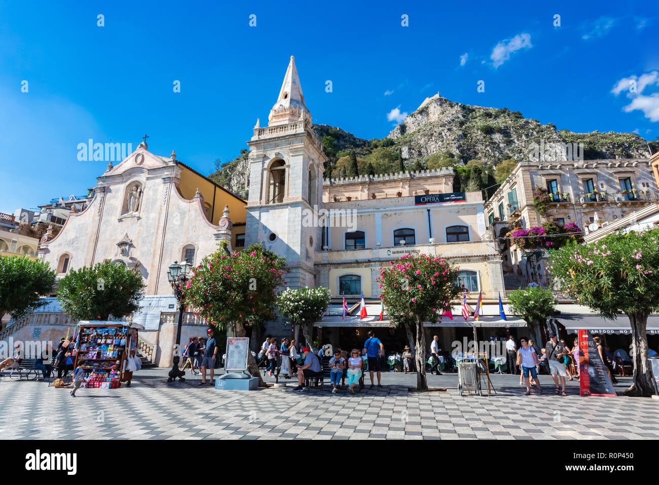 Taormina, Italy - September 26, 2018: The street view of the famous ...