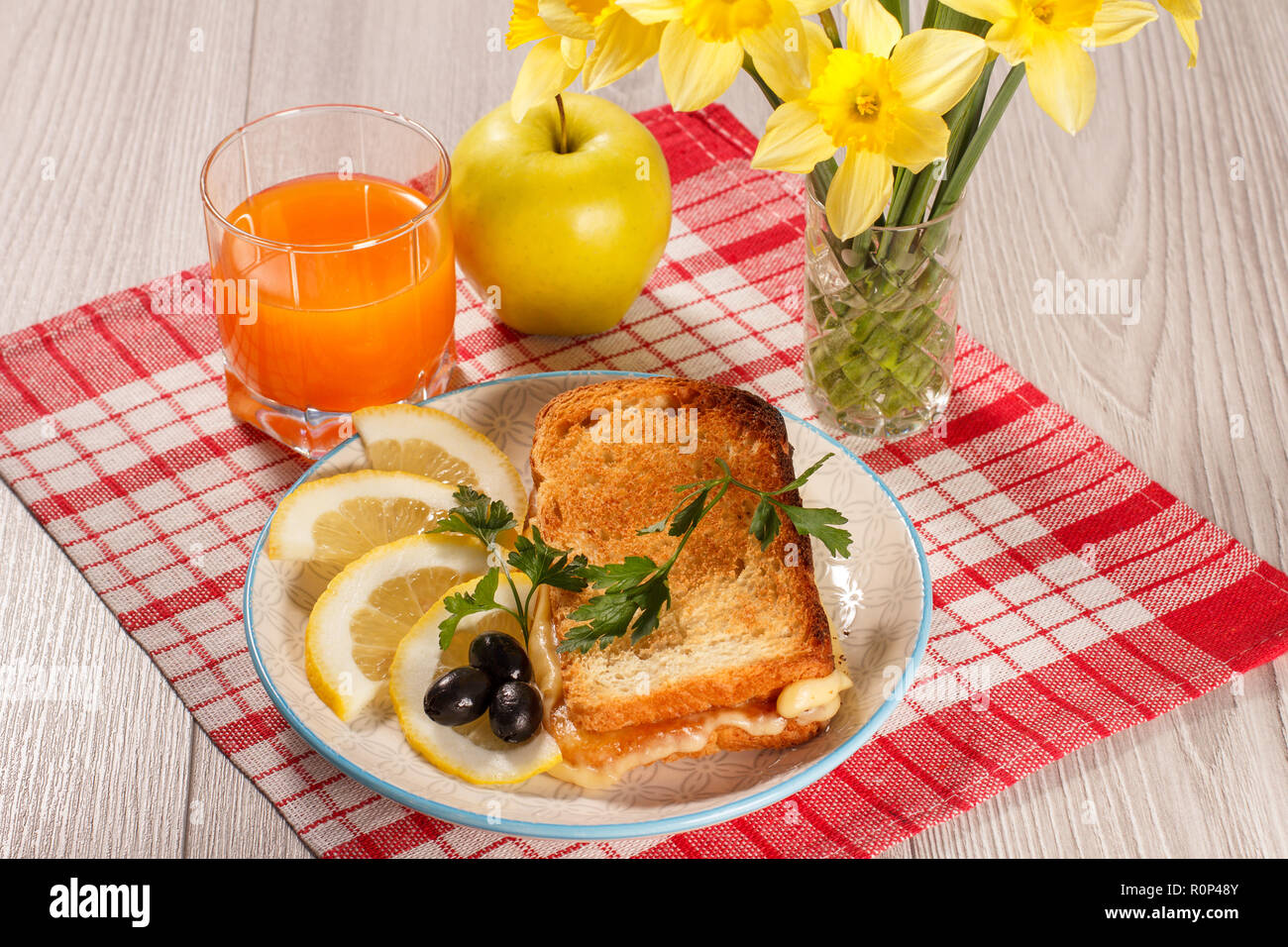 Good and delicious food and beverages for breakfast. Toast with butter ...