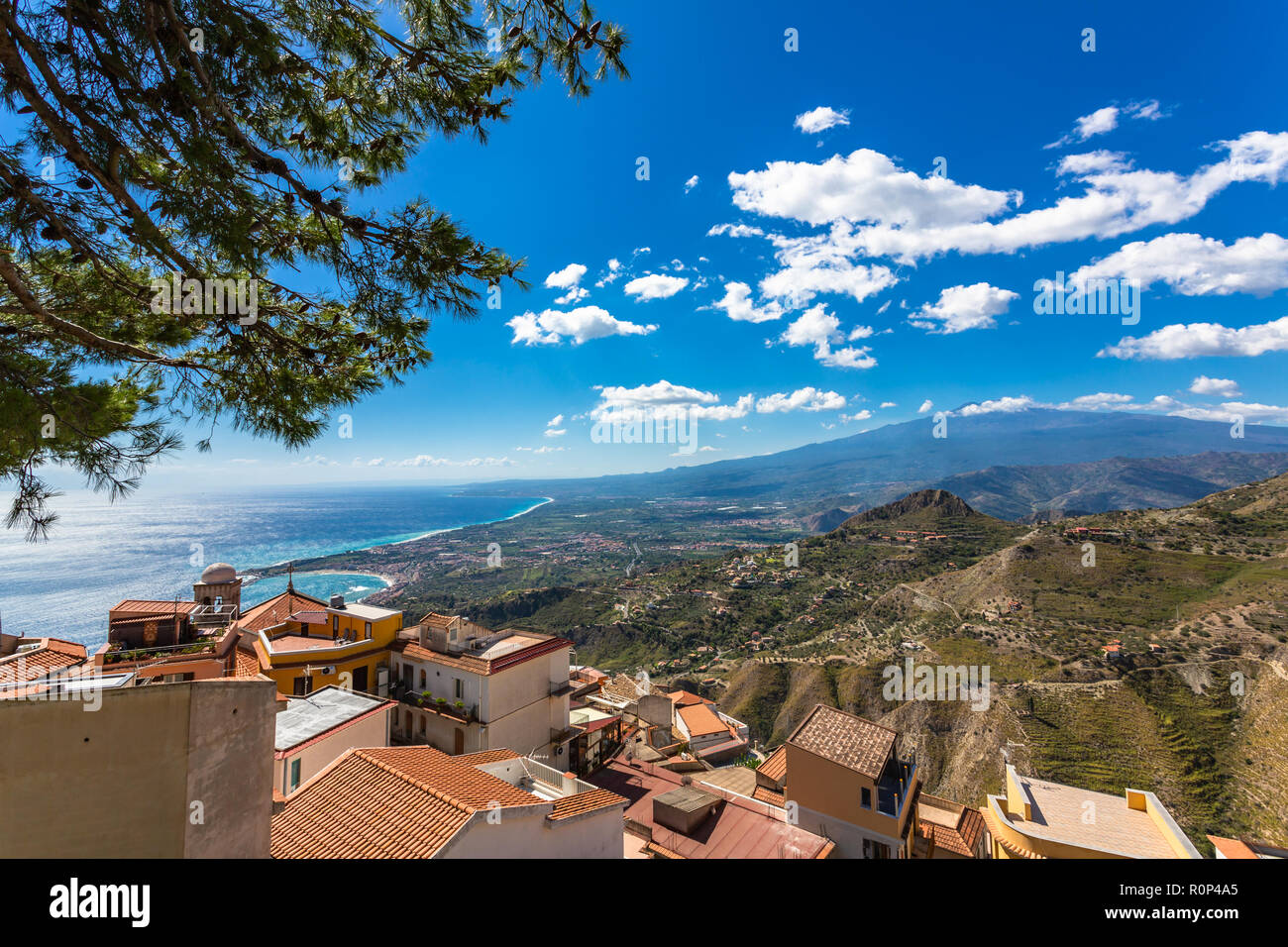 The view from the small village Castelmola at mountain top above ...