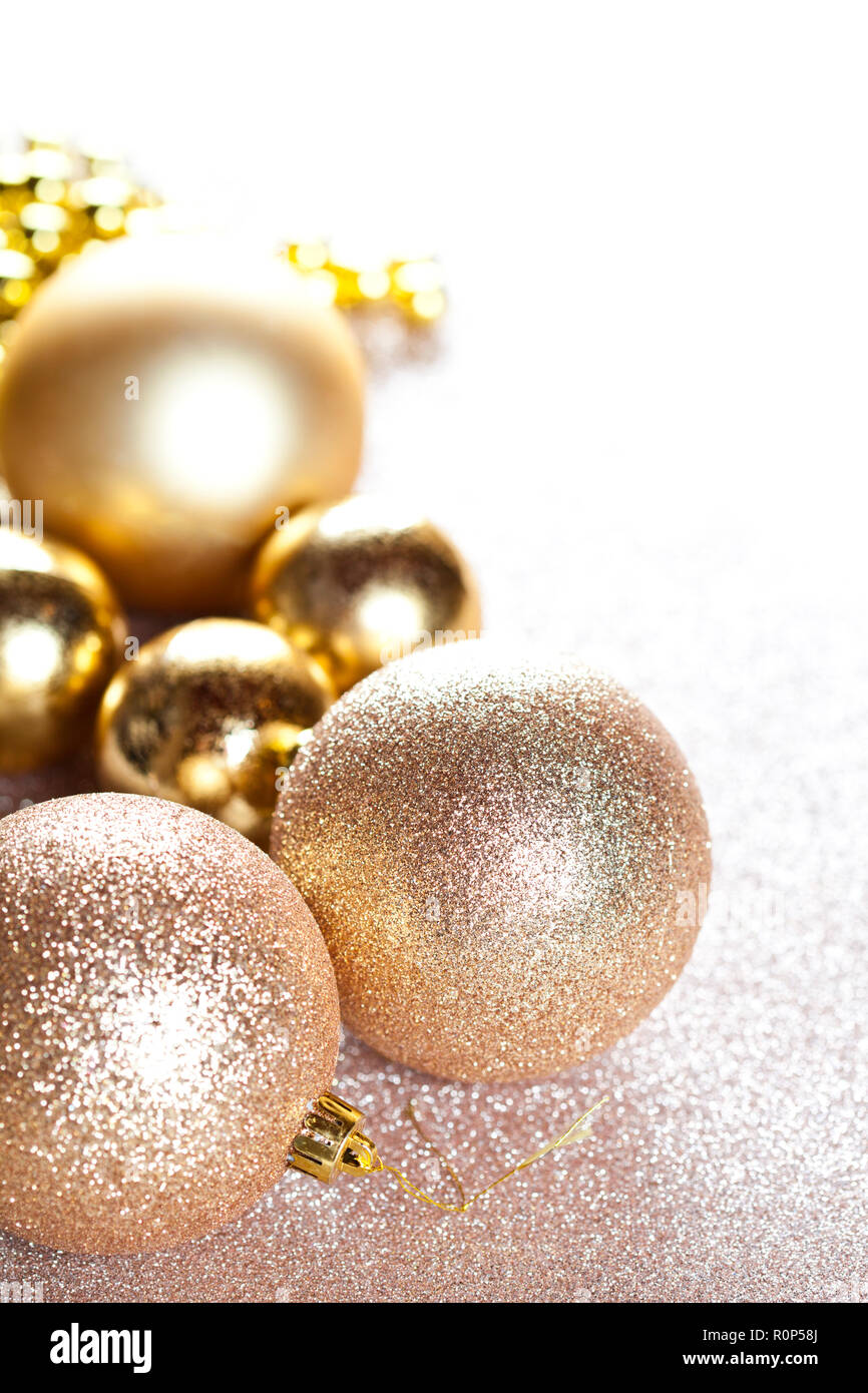 Christmas golden glitterdecorations closeup on glitter background Stock ...