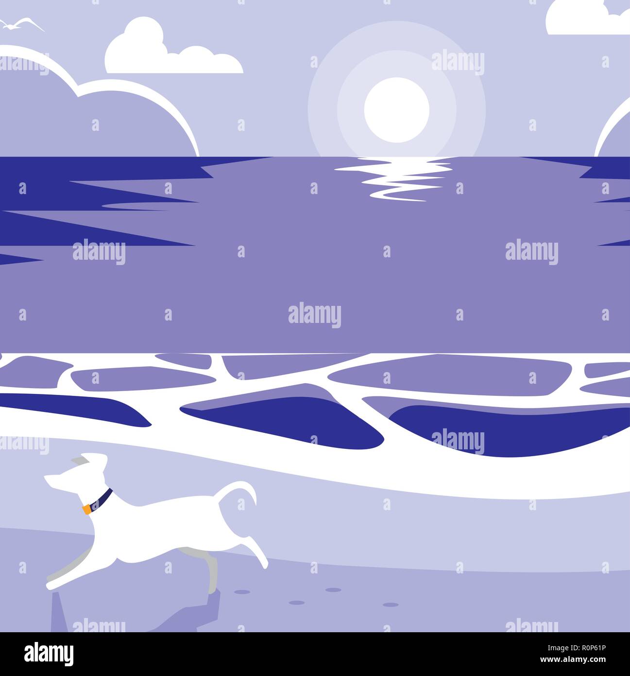 beach with dog running, colorful design. vector illustration Stock ...