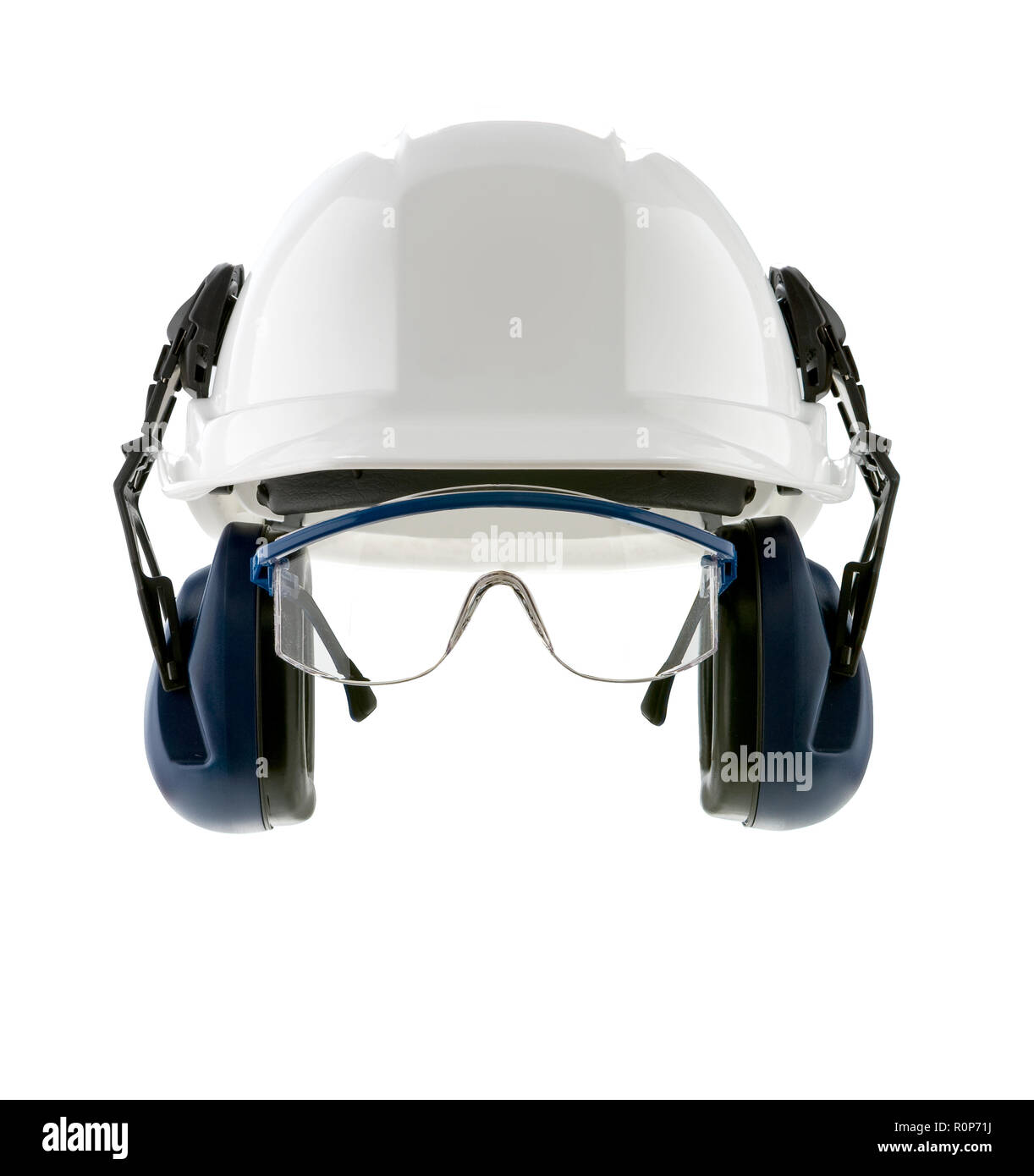 White safe helmet with blue safe glasses and black safe headphones ...