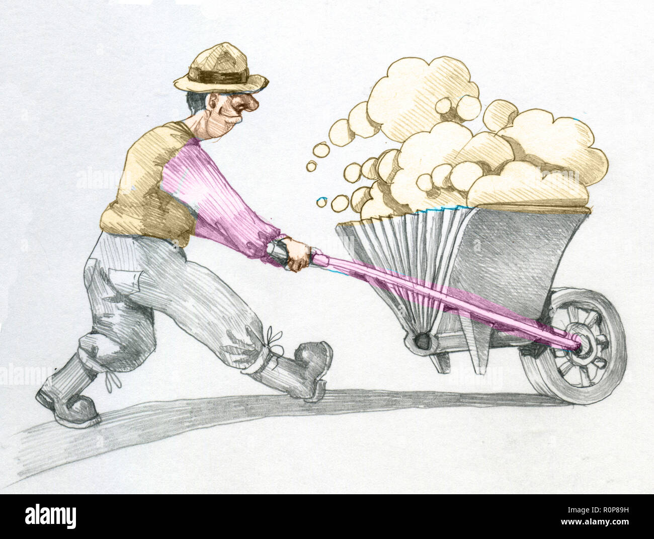 man brings wheelbarrow done as a book with this he transports dreams ...