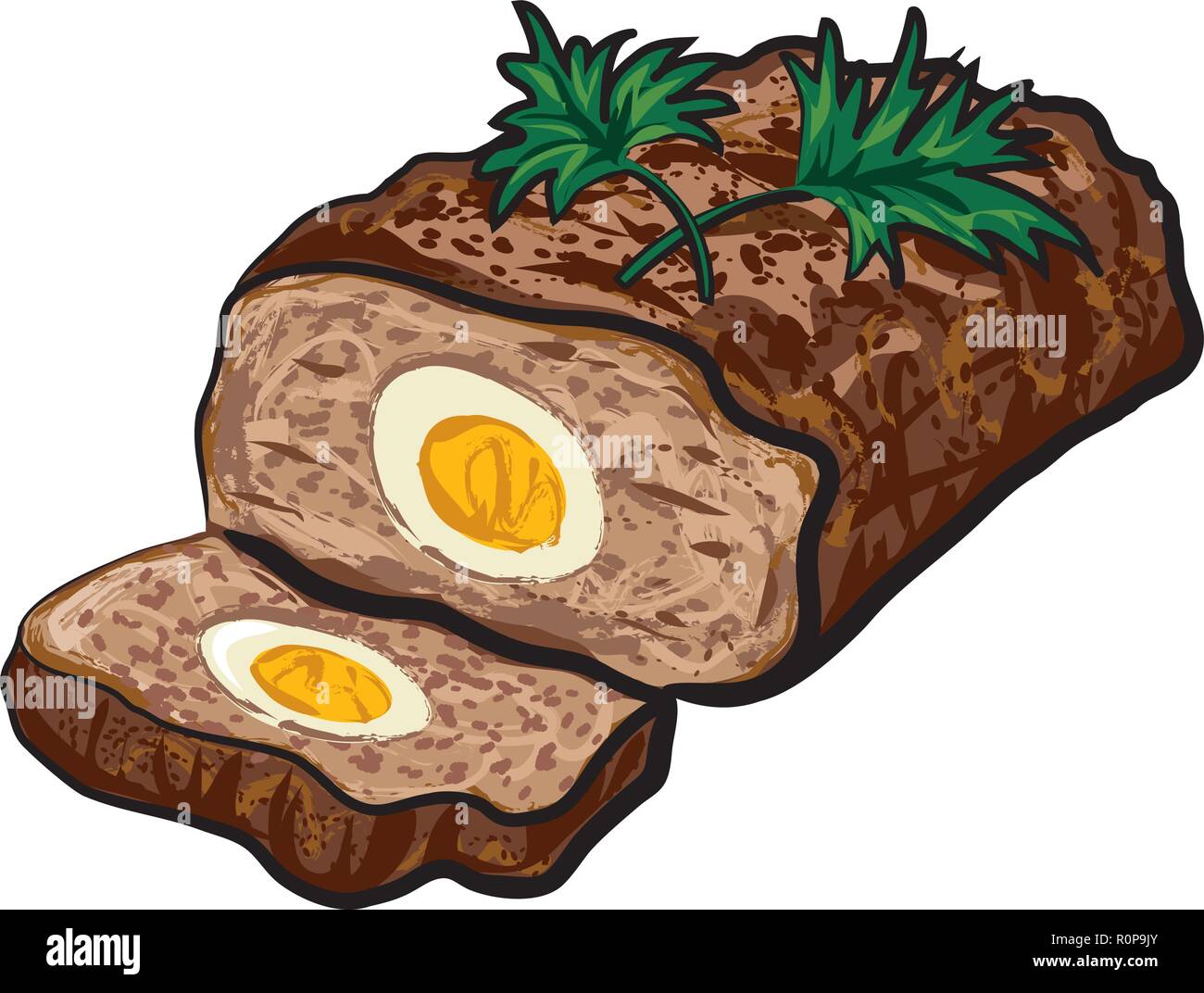 illustration of prepared meat loaf with egg on a plate Stock Vector ...