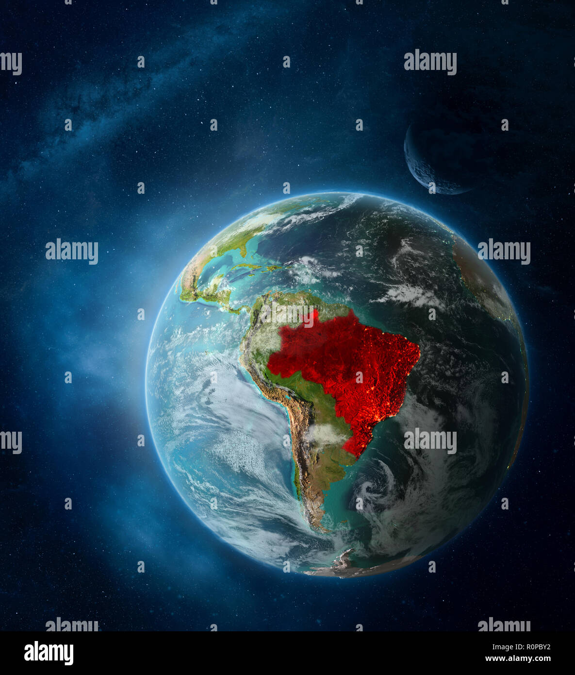 Brazil from space on Earth surrounded by space with Moon and Milky Way ...