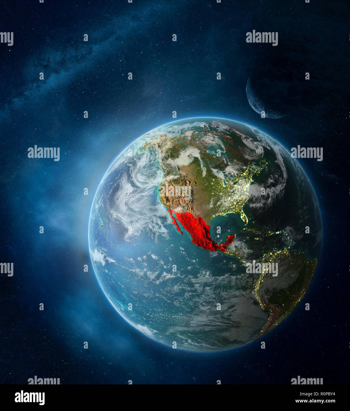 Mexico from space on Earth surrounded by space with Moon and Milky Way ...