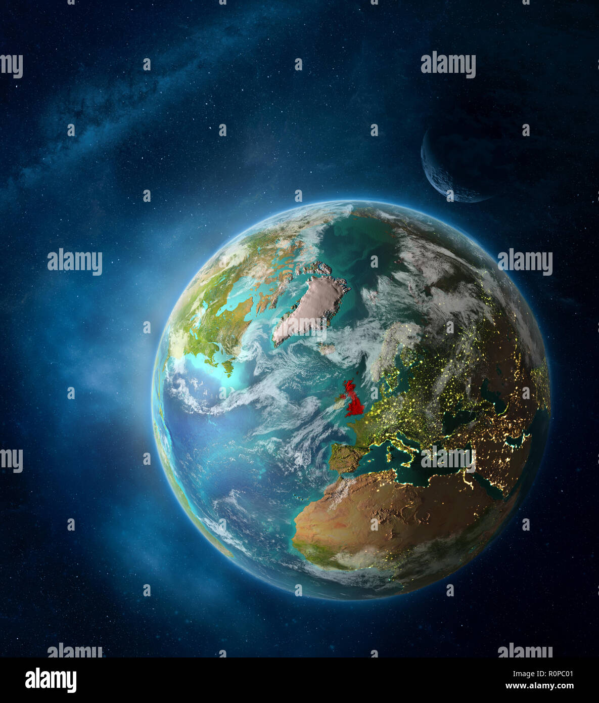 United Kingdom from space on Earth surrounded by space with Moon and ...