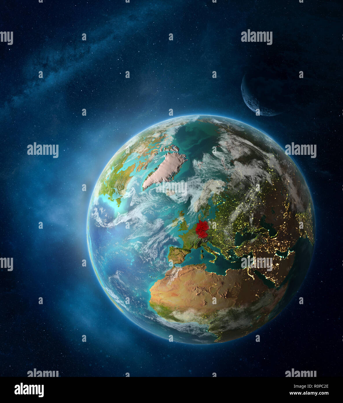 Germany from space on Earth surrounded by space with Moon and Milky Way ...