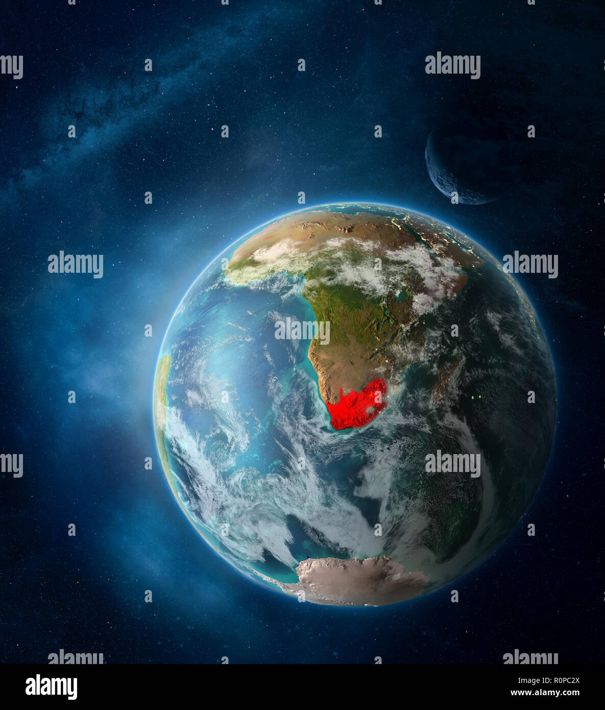 South Africa from space on Earth surrounded by space with Moon and ...
