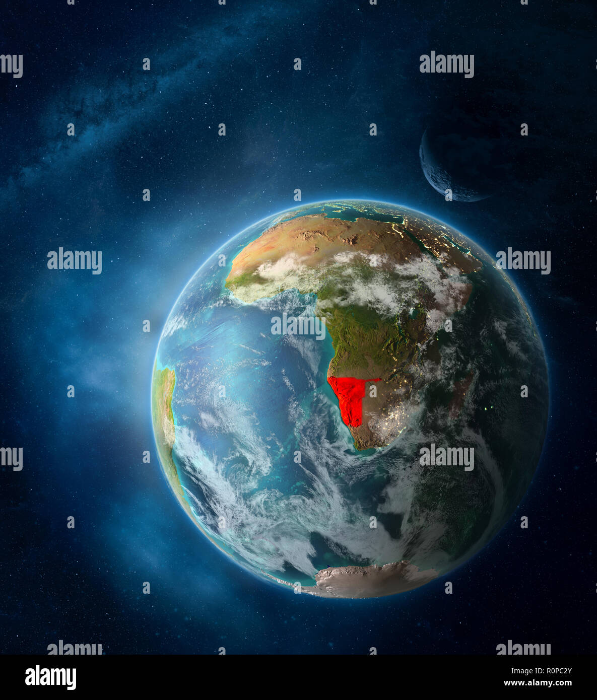 Namibia from space on Earth surrounded by space with Moon and Milky Way ...