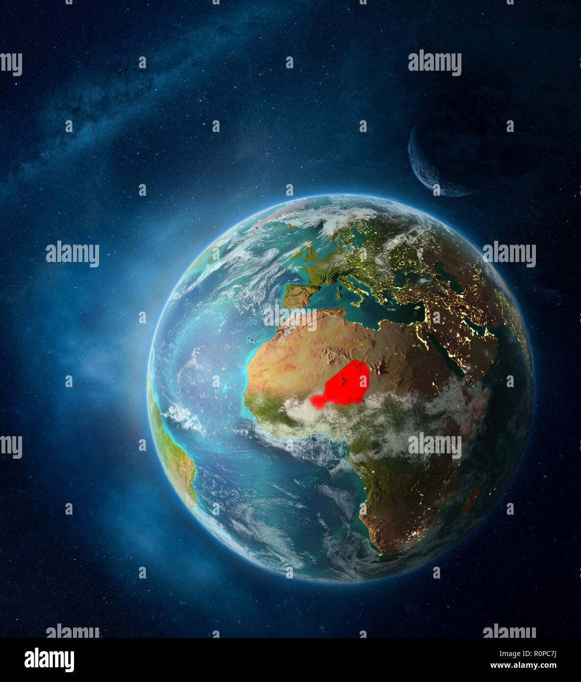 Niger from space on Earth surrounded by space with Moon and Milky Way ...