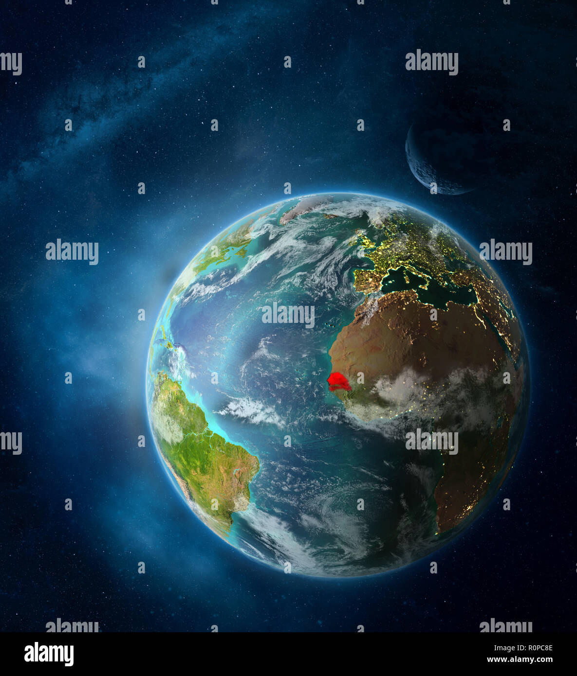 Senegal from space on Earth surrounded by space with Moon and Milky Way ...