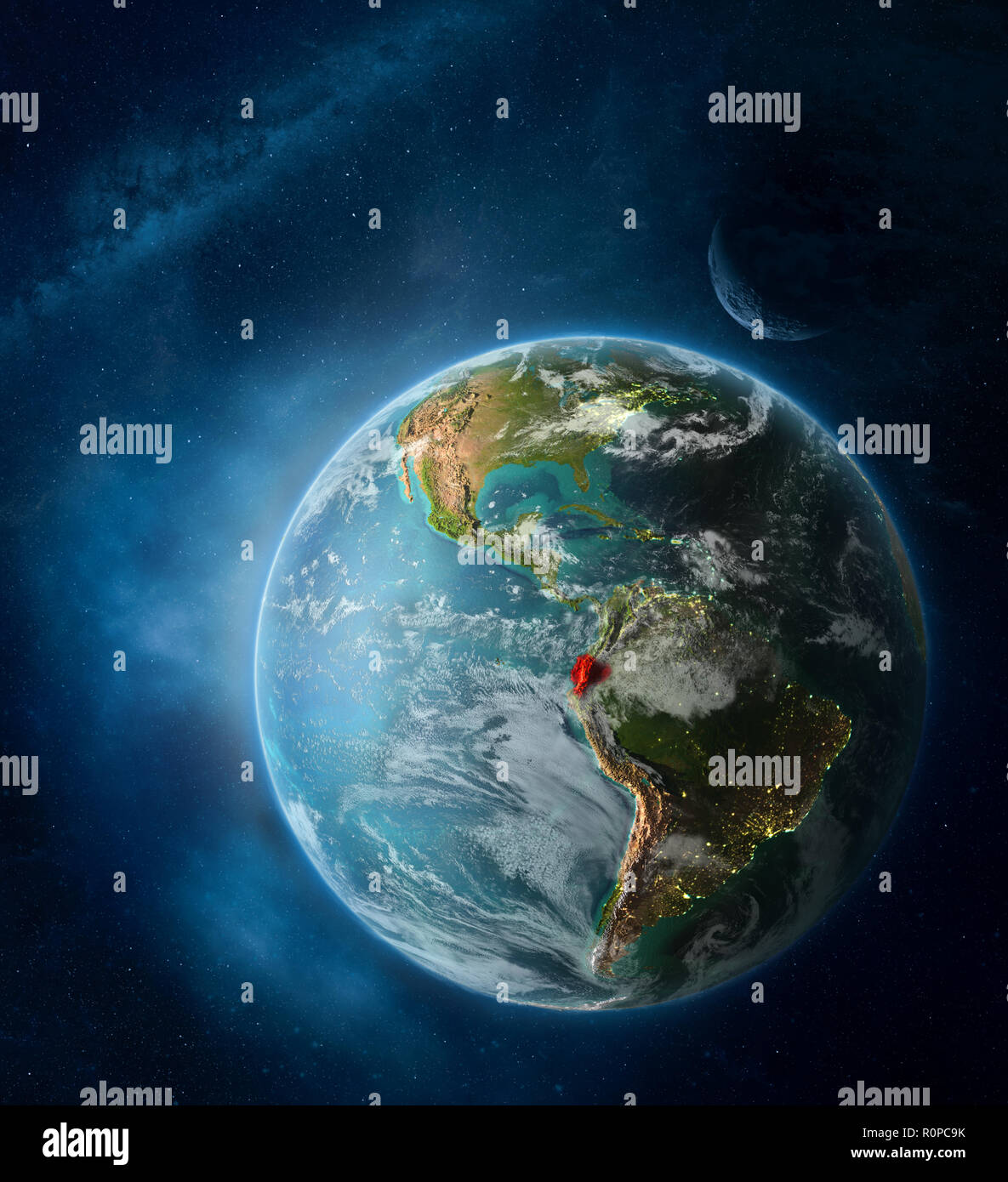 Ecuador from space on Earth surrounded by space with Moon and Milky Way ...