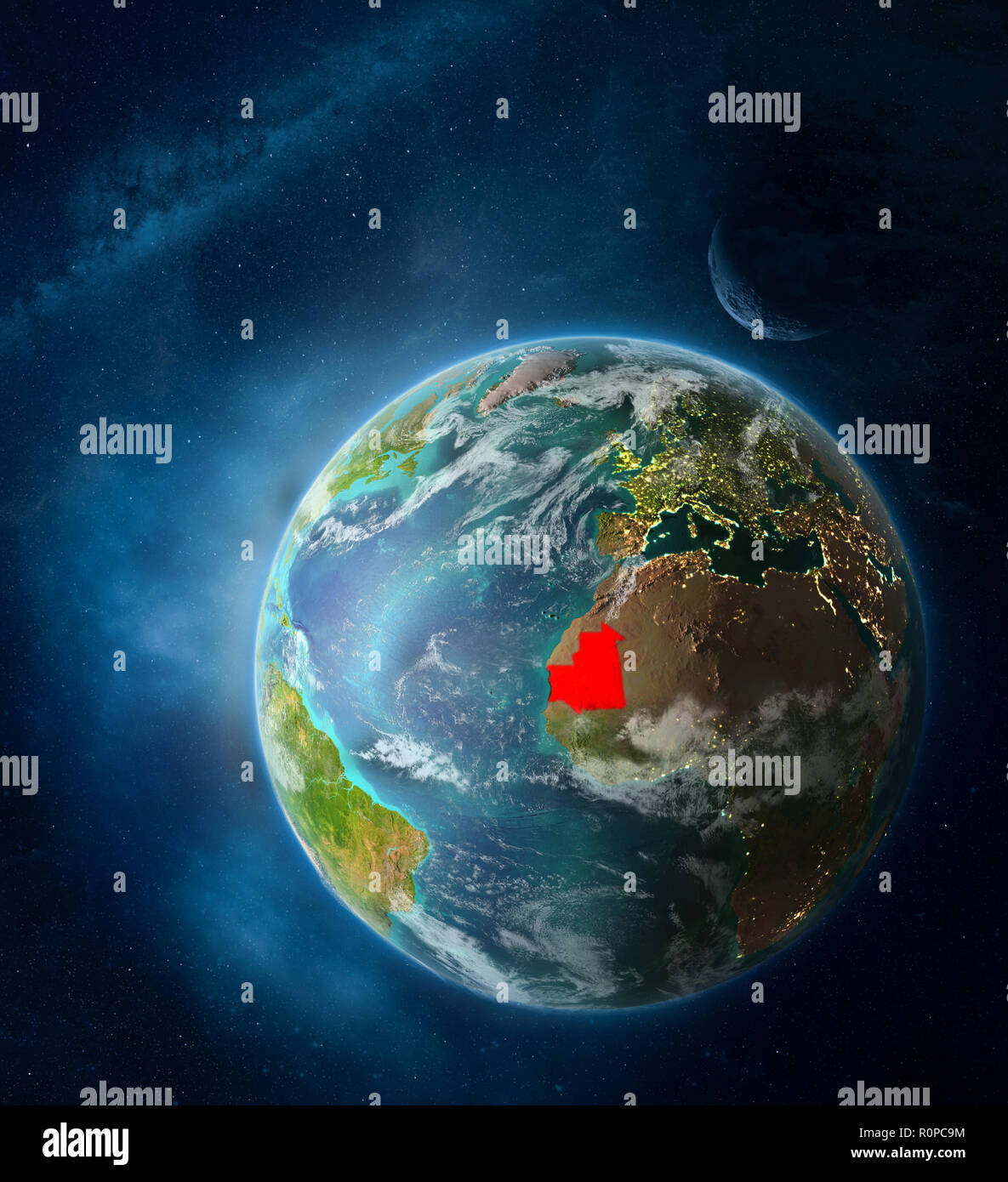 Mauritania from space on Earth surrounded by space with Moon and Milky ...