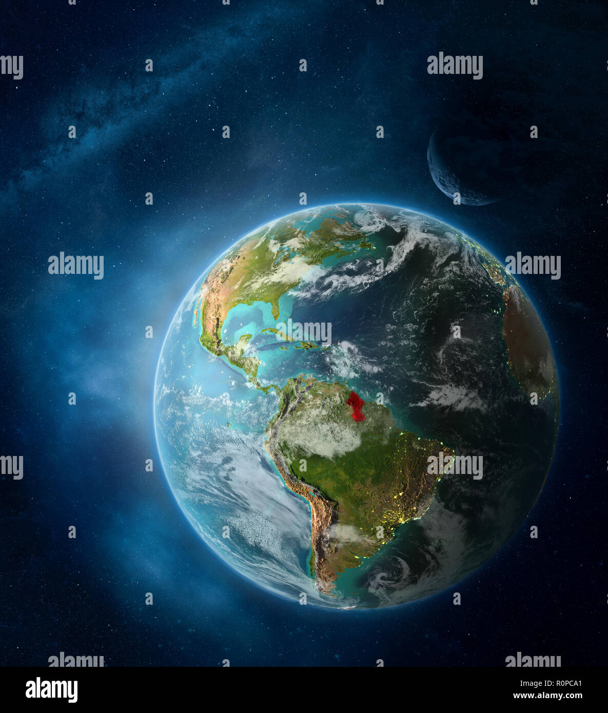 Guyana from space on Earth surrounded by space with Moon and Milky Way ...