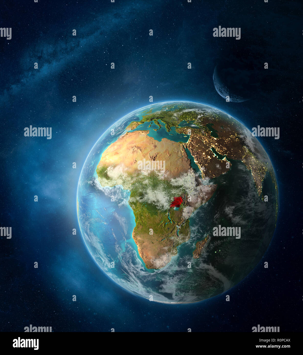 Uganda from space on Earth surrounded by space with Moon and Milky Way ...