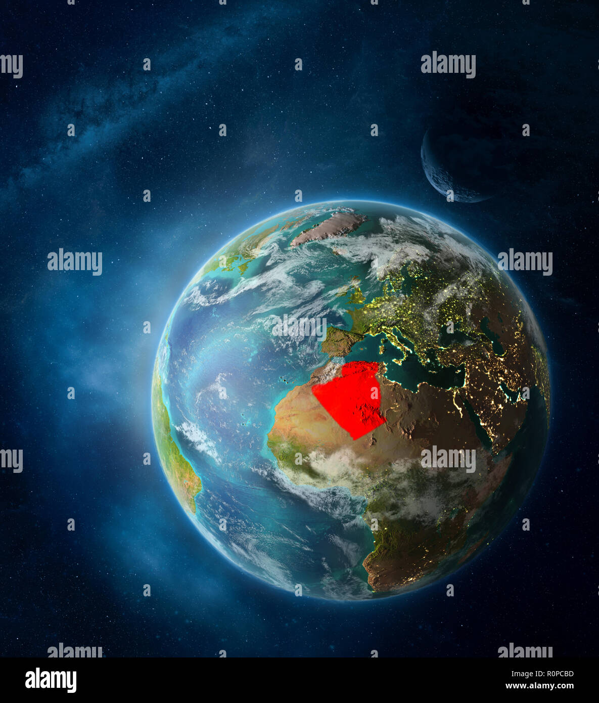 Algeria from space on Earth surrounded by space with Moon and Milky Way ...