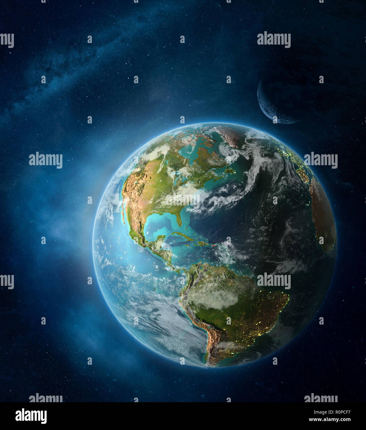 Puerto Rico from space on Earth surrounded by space with Moon and Milky ...