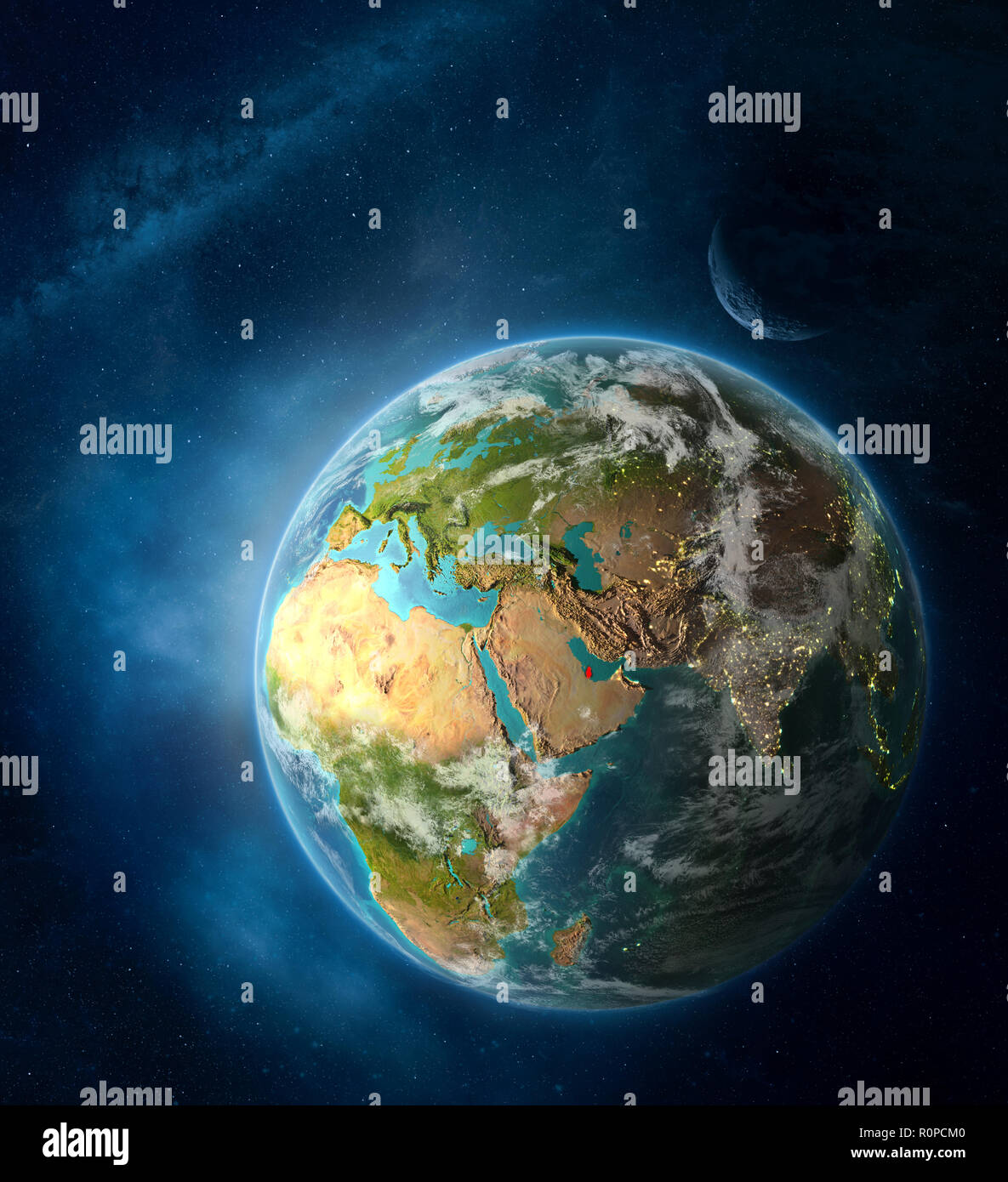 Qatar from space on Earth surrounded by space with Moon and Milky Way ...