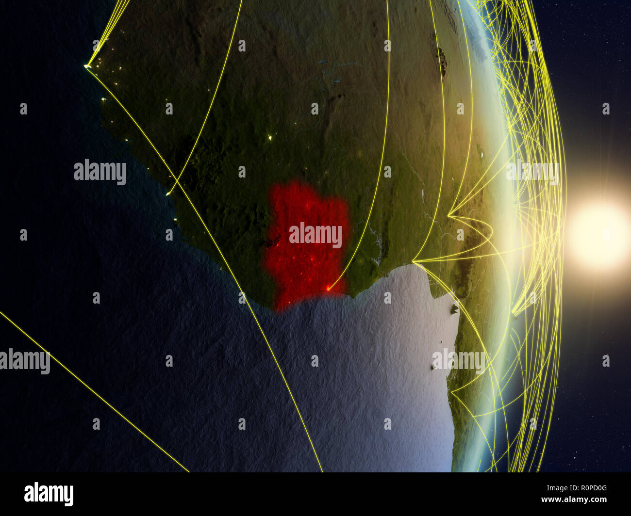 Ivory Coast in sunrise on planet planet Earth with network. Concept of ...