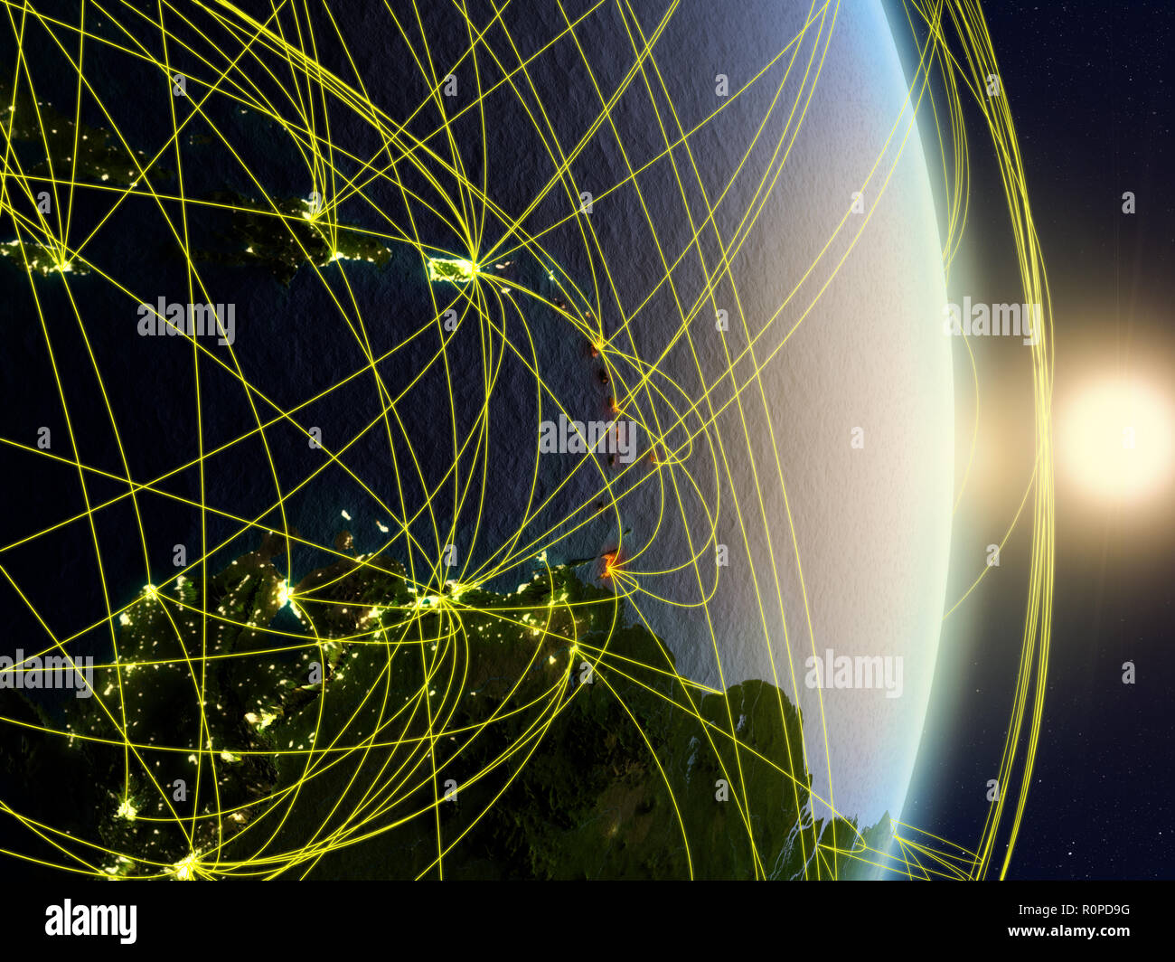 Caribbean in sunrise on planet planet Earth with network. Concept of ...