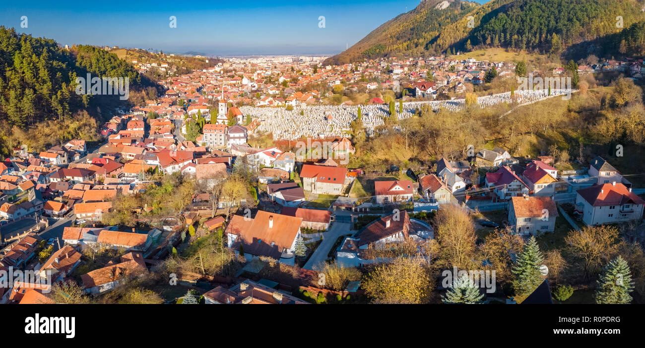 Aerial view of Brasov cityscape, old historical city of Transylvania ...