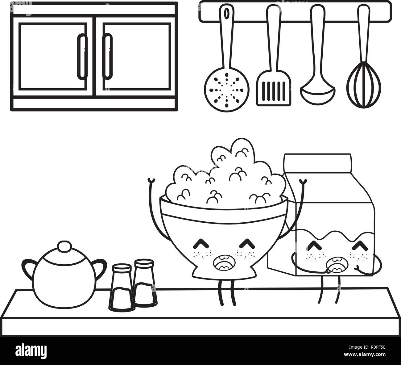 Kitchen and food kawaii cartoons in black and white Stock Vector Image ...