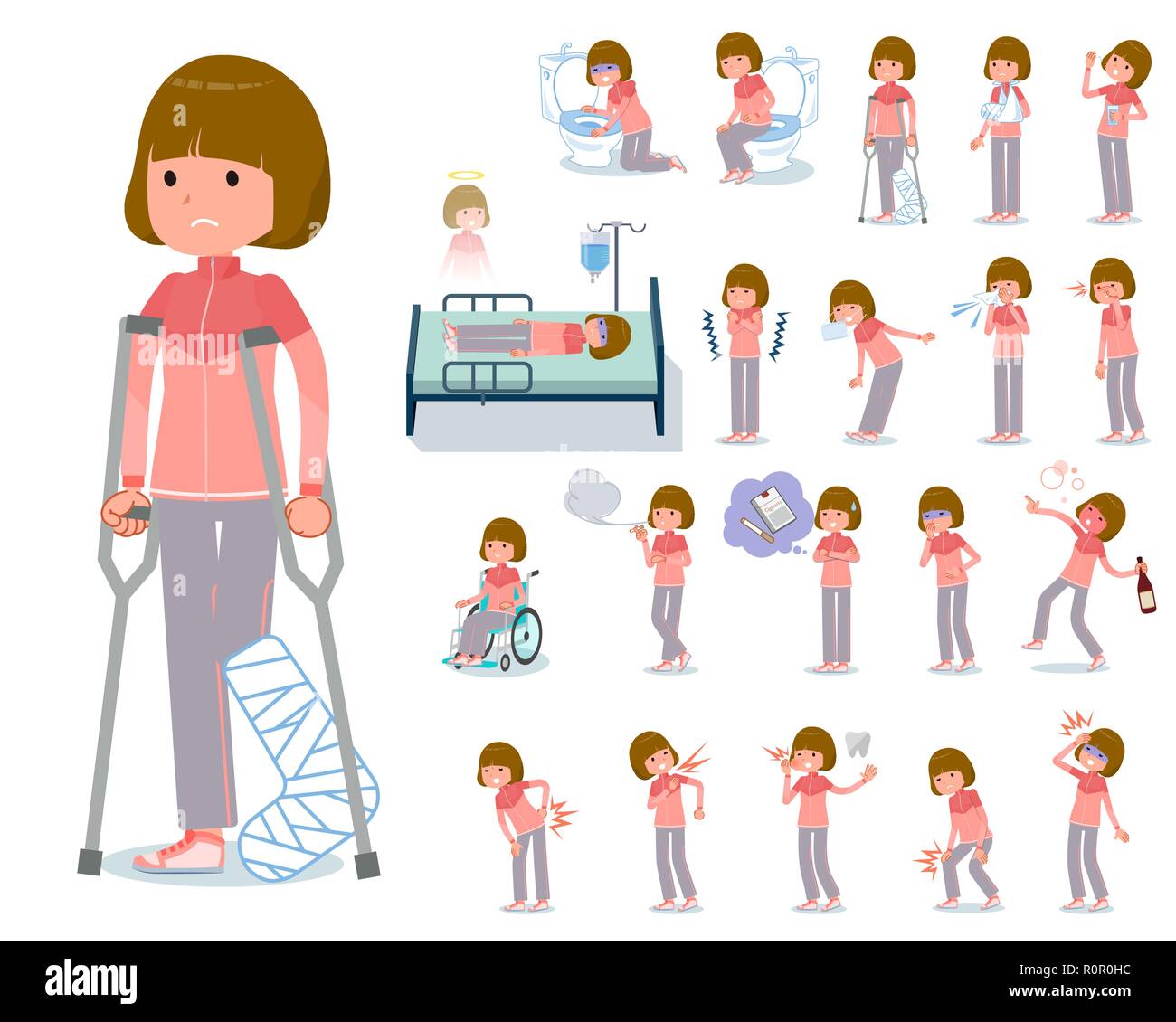 A set of women in sportswear with injury and illness.There are actions ...
