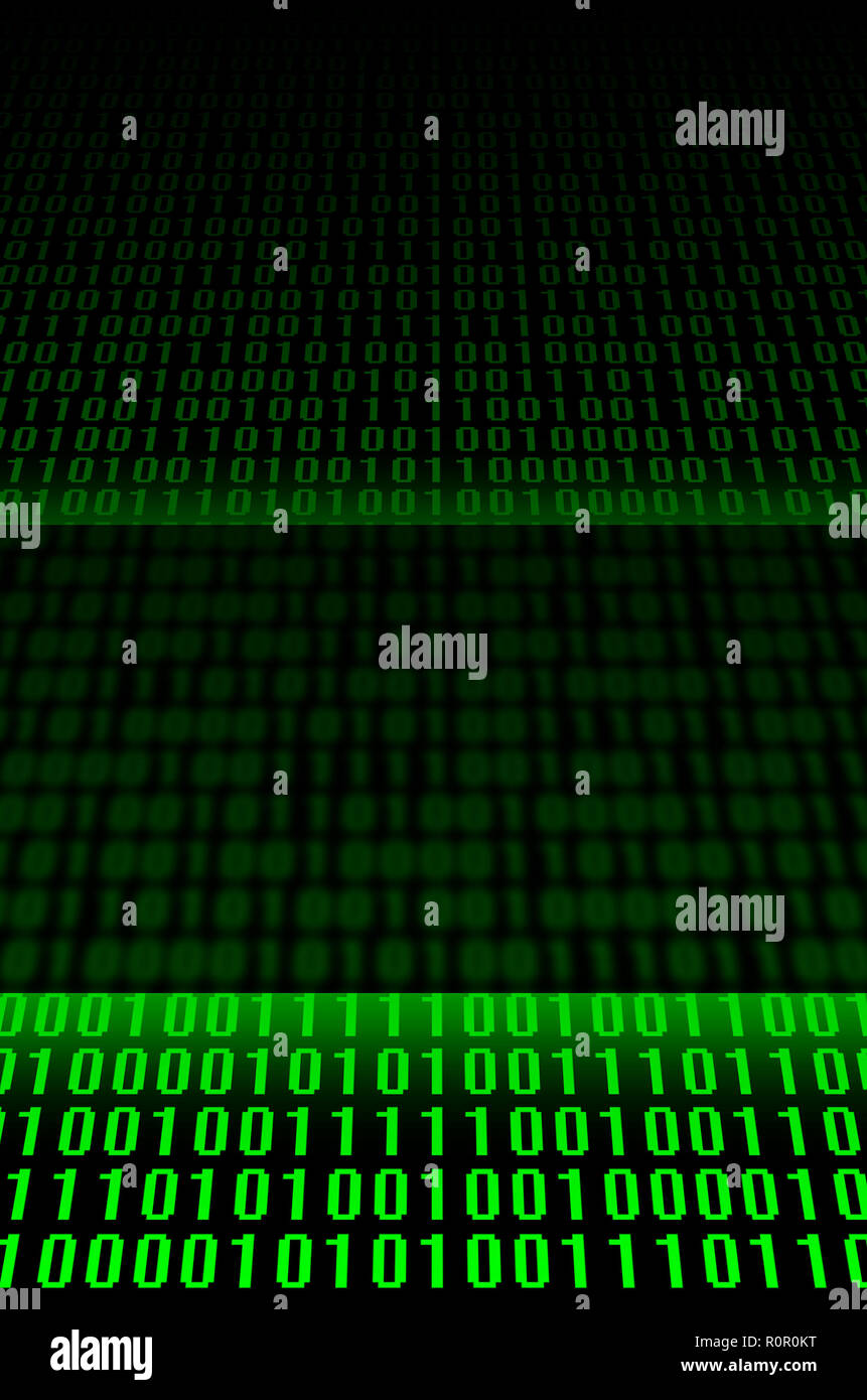 An image of a binary code made up of a set of green digits on a black background. Copy space ...