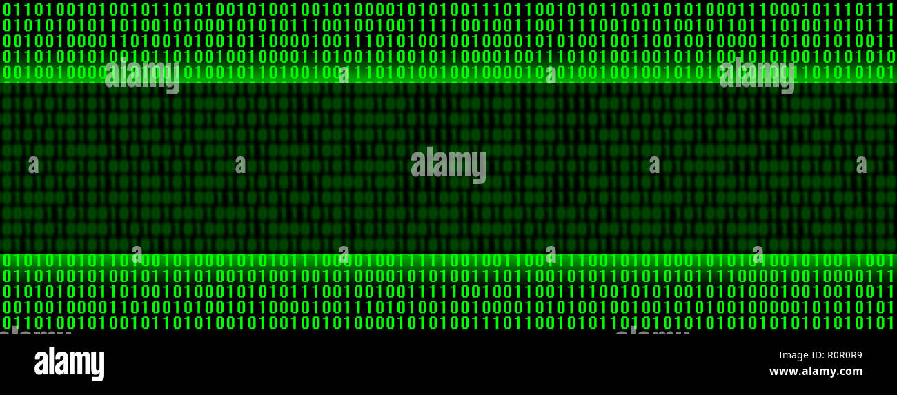 An image of a binary code made up of a set of green digits on a black background. Copy space ...