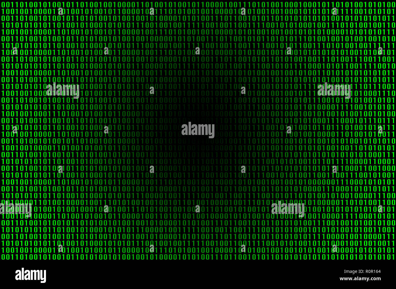 An image of a binary code made up of a set of green digits on a black ...