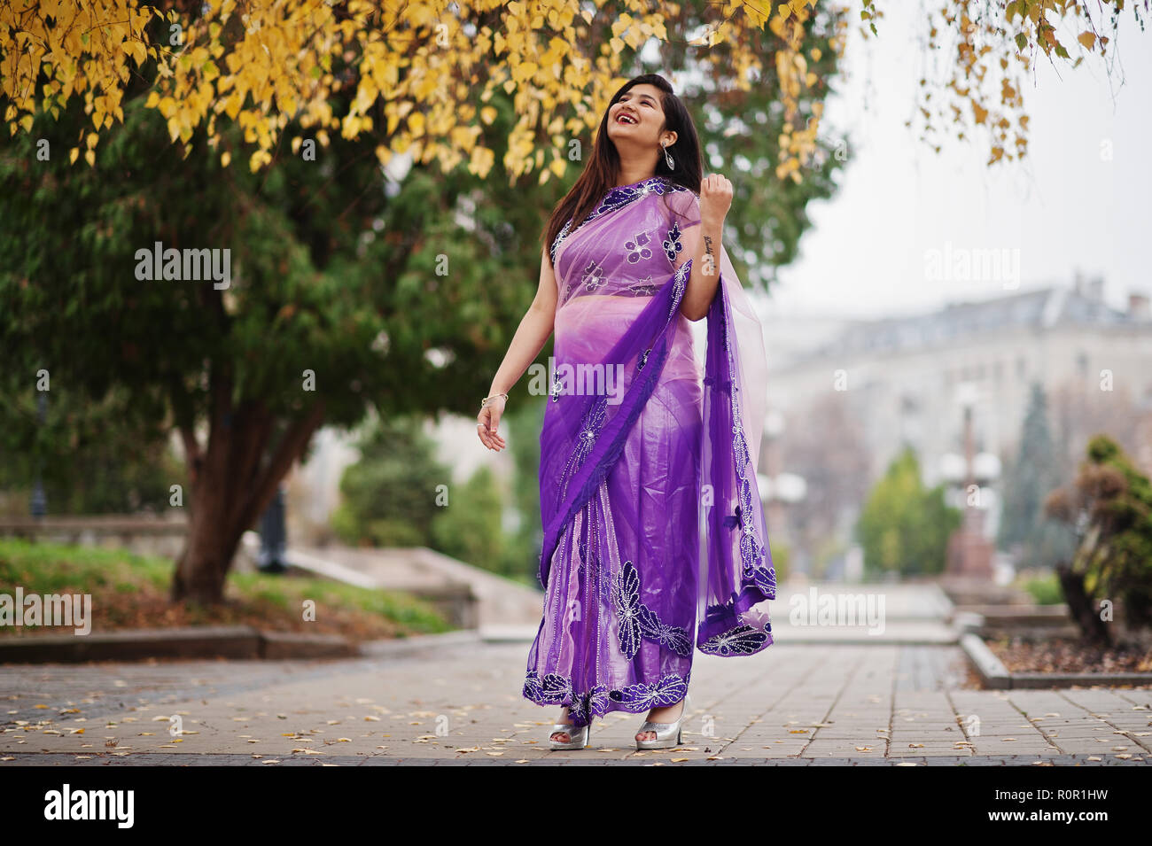 Indian hindu girl at traditional violet saree posed at autumn street ...