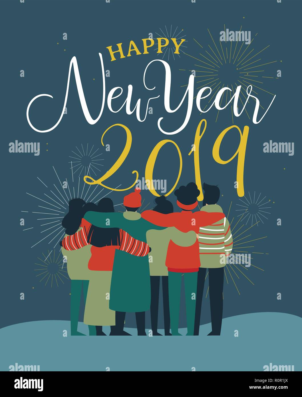 Happy New Year 2019 greeting card illustration of young people friend ...