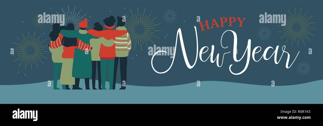 Happy New Year web banner illustration of young people friend group ...