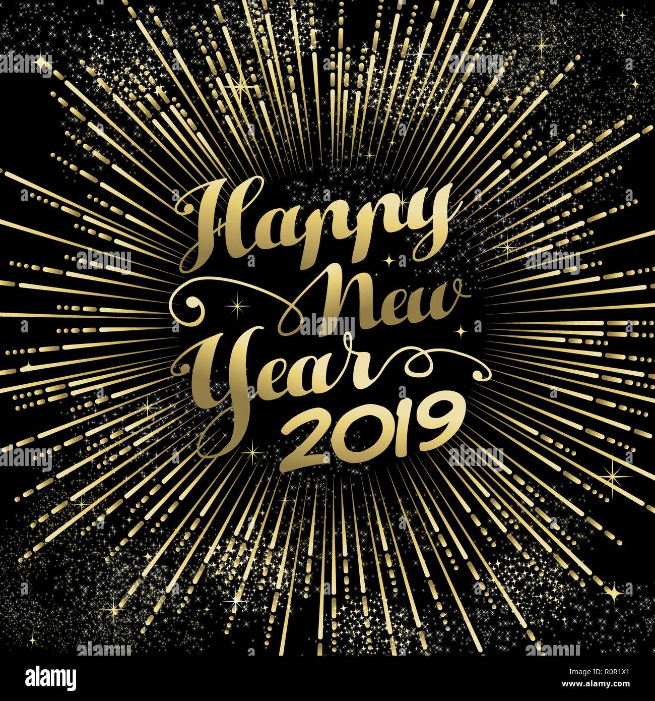 Happy New Year 2019 greeting card, gold firework explosion with holiday ...
