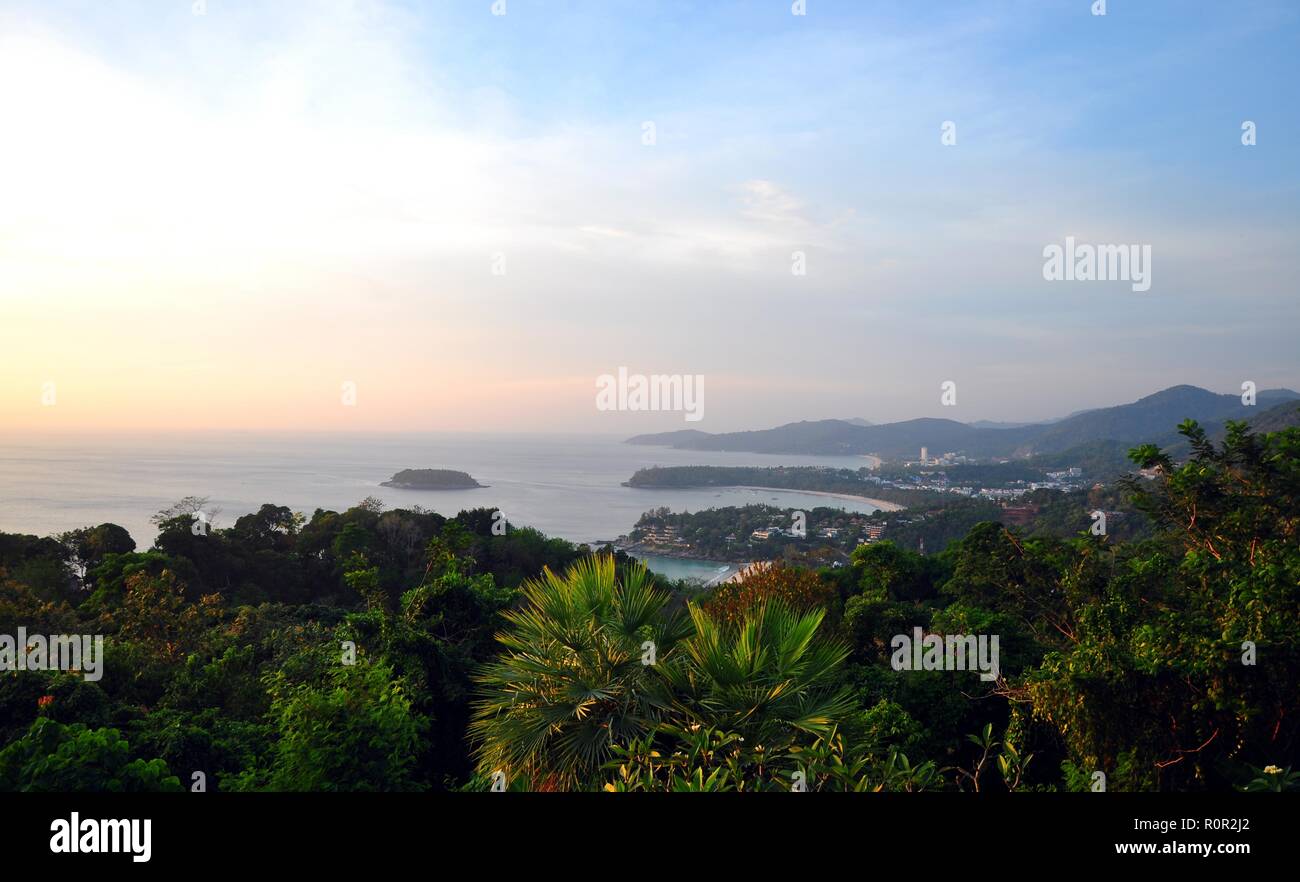 Sunset over Kata Noi, Kata, and Karon beaches and Andaman sea on Phuket ...