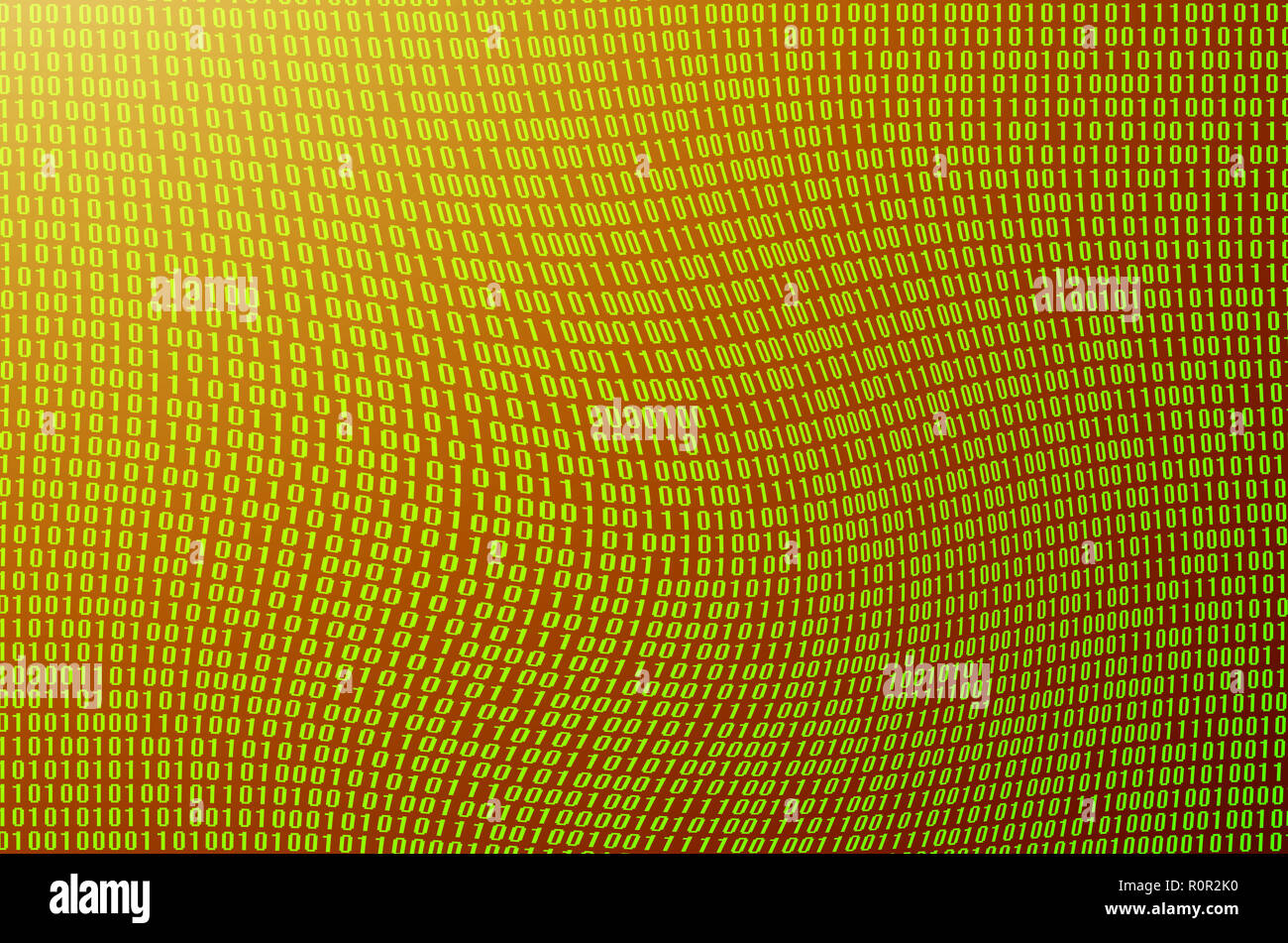 An image of a corrupted and distorted binary code made up of a set of green digits on a black ...