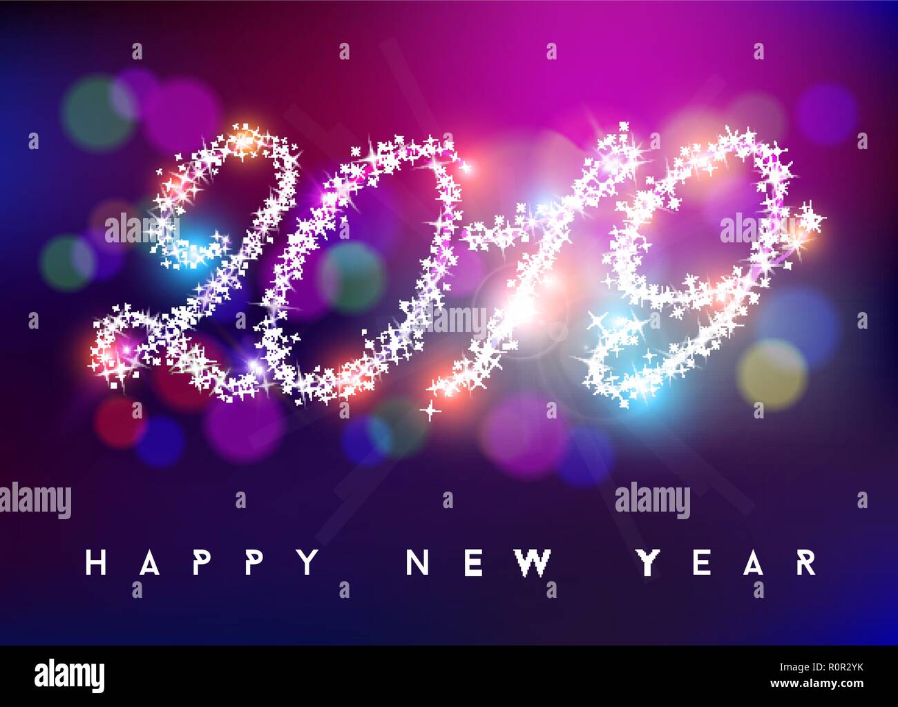 Happy new year bokeh style background greeting card design. 2019 shape ...